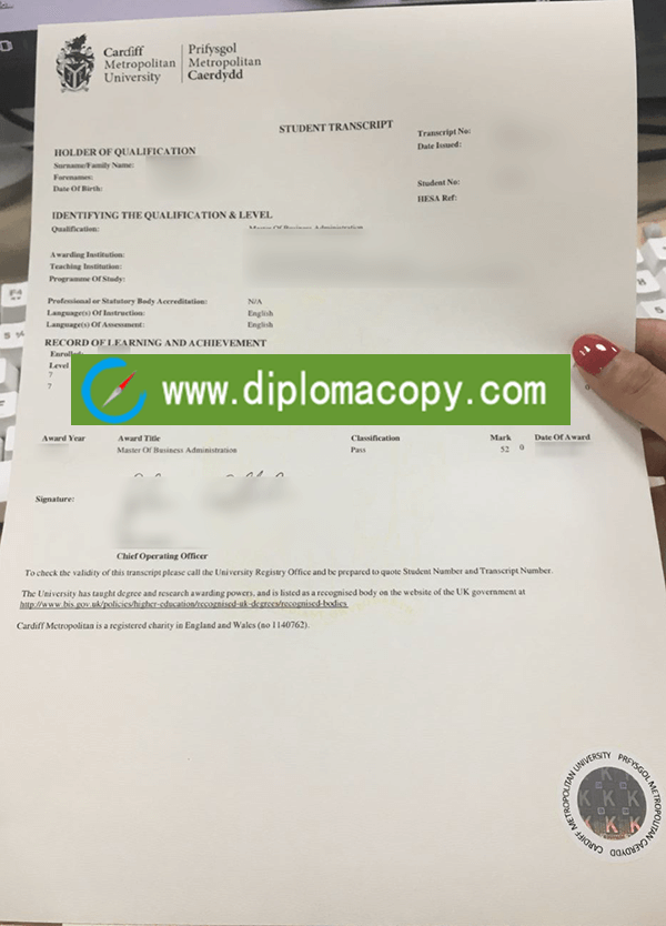 Custom Replica Cardiff Metropolitan University Transcript from Real ...