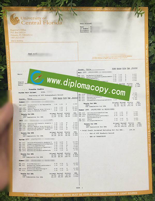 Fake University of Central Florida (UCF) Transcript for Sale - Buy Fake Diplomas, High School ...