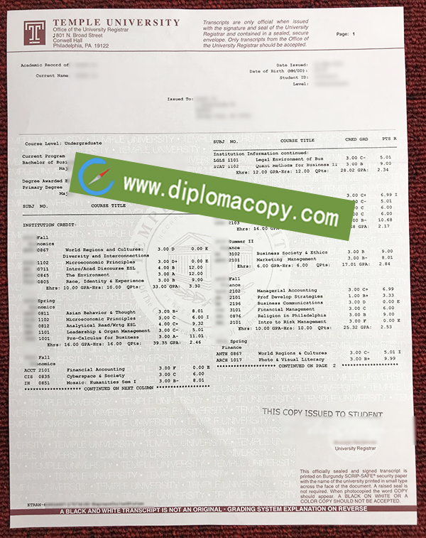 Purchase Temple University Fake Transcript Degree - Buy Fake Diplomas ...